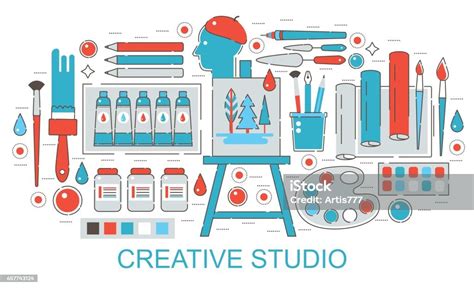 현대 편평한 얇은 라인 디자인 웹 배너 웹사이트 프레 젠 테이 션 플라이어 및 포스터에 대 한 크리에이 티브 또는 화가 예술 웹 스튜디오 개념 0명에 대한 스톡 벡터 아트