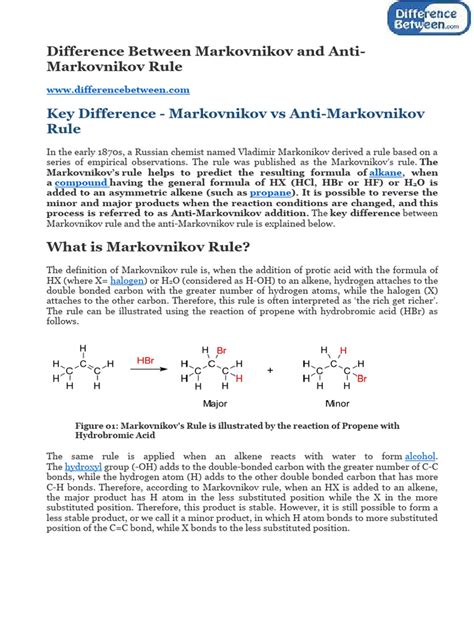 Difference Between Markovnikov And Anti Markovnikov Rule Pdf Chemical Reactions Alkene