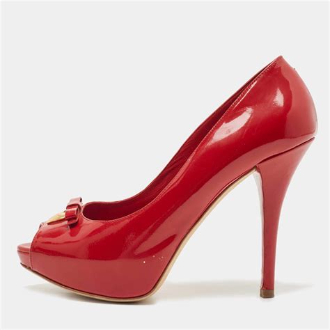 Dolce And Gabbana Red Patent Leather Bow Peep Toe Platform Pumps Size 38