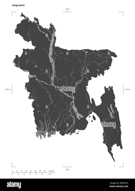 Shape Of A Bilevel Elevation Map With Lakes And Rivers Of The Bangladesh With Distance Scale