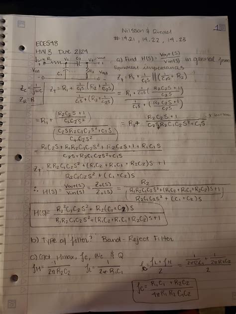 ECE HW Finding The Transfer Function Of A Complex RC Circuit Along With High Low Pass