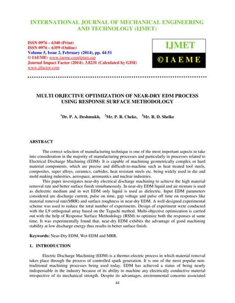 Multi Objective Optimization Of Near Dry Edm Process Using Response