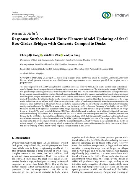 Pdf Response Surface Based Finite Element Model Updating Of Steel Box
