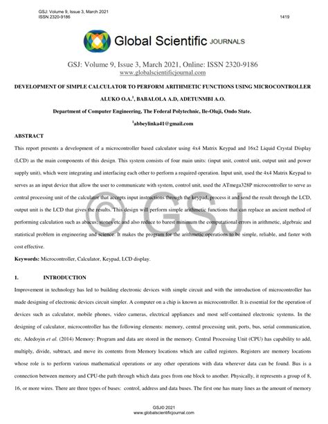 Pdf Development Of Simple Calculator To Perform Arithmetic Functions Using Microcontroller