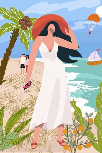 자연 해변 바다 여름 파티를 위한 전단지 순간을 즐기는 배경에서 소녀 여자의 이미지가 있는 세로 엽서 벡터 일러스트 레이 션 손으로 그린 그림입니다 여자에 대한 스톡 벡터