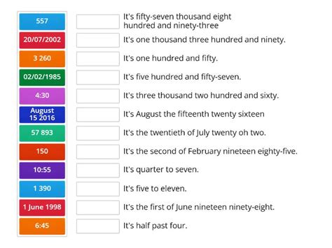 Ordinal Numerals Dates Time Numbers Match Up