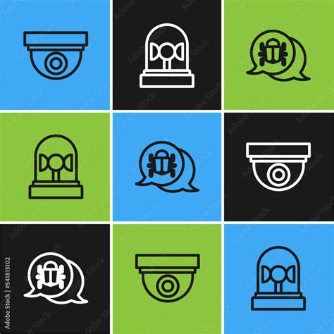 Set Line Security Camera System Bug And Flasher Siren Icon Vector