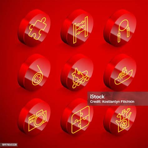 세트 라인 퍼즐 조각 장난감 주판 줄넘기 요요 롤러 스케이트 장난감 보트 사진 카메라 및 아이콘 벡터 3차원 형태에 대한 스톡 벡터 아트 및 기타 이미지 Istock