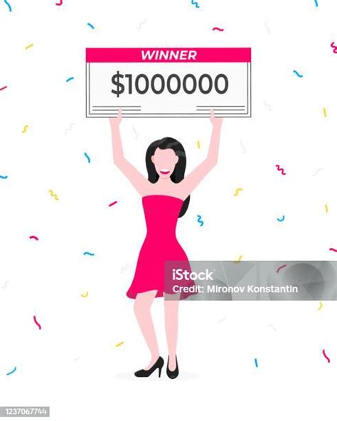 큰 상금 급여와 행복 한 복권 당첨자 행운 복권 또는 카지노 도박 행운의 게임 개념 평면 스타일 디자인 벡터 일러스트 레이션 고립 된 흰색 배경 남자는 검사와 함께 서