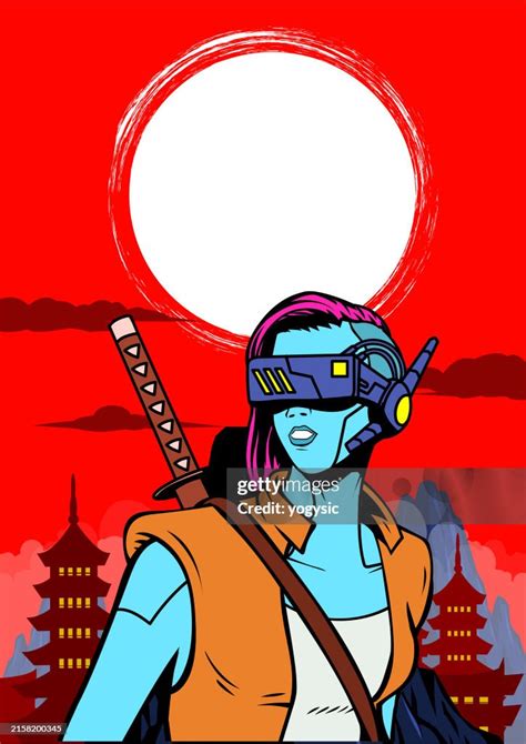 Vector Cyberpunk Samurai Girl In An Ancient Japanese Setting Portrait
