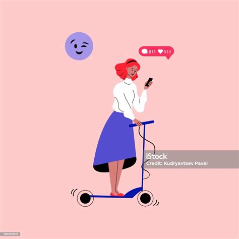 그녀의 소셜 미디어 좋아요와 댓글을 확인하는 전기 스쿠터에 만화 소녀 Brand Name Online Messaging Platform에 대한 스톡 벡터 아트 및 기타