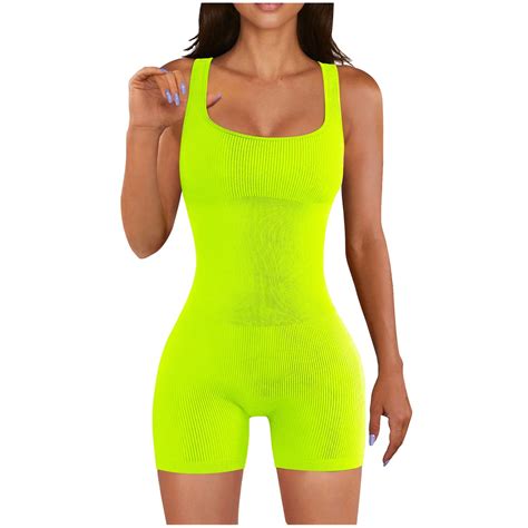 Penkiiy Women Yoga Romper Workout Ribbed Square Neck One Piece Seamless Tank Top Jumpsuit