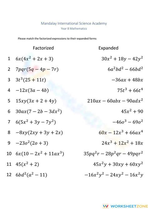 Algebra Factorizing And Expanding Brackets Worksheet