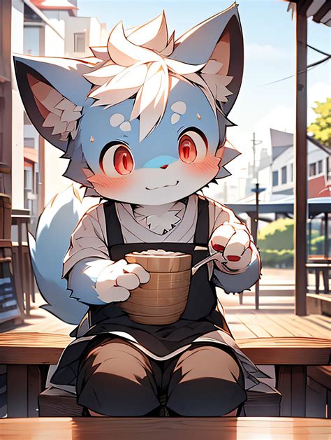 나무 벤치에서 시리얼을 먹는 애니메이션 애니메이션 고양이 소녀 Seaart Ai