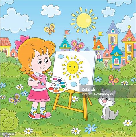 귀여운 행복하게 멋진 화창한 날에 예쁜 작은 마을의 녹색 여름 공원에서 그녀의 이젤에 작은 아이 그림 풍경 벡터 만화 일러스트 아이에 대한 스톡 벡터 아트 및 기타 이미지