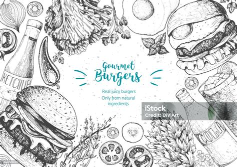 햄버거와 햄버거 재료 벡터 일러스트 레이 션 패스트 푸드 정크 푸드 프레임 미국 음식입니다 햄버거 레스토랑 메뉴 디자인에 대 한 요소입니다 새겨진된 스타일 이미지입니다