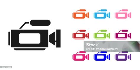 흰색 배경에 격리 된 블랙 시네마 카메라 아이콘 비디오 카메라 영화 기호입니다 필름 프로젝터 다채로운 아이콘을 설정합니다 벡터 일러스트레이션 아이콘에 대한 스톡 벡터 아트