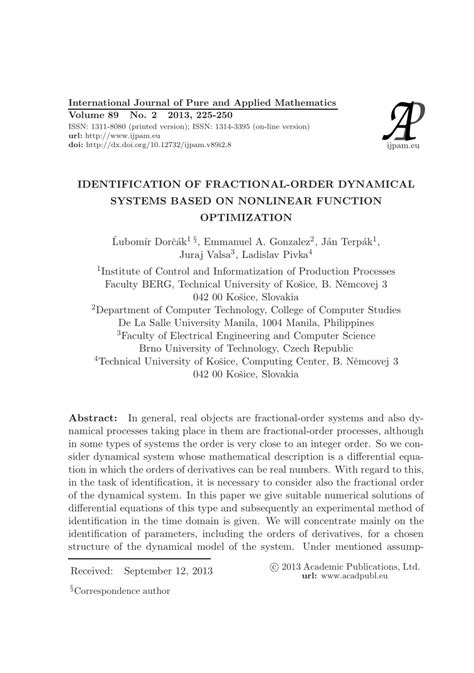 Pdf Identification Of Fractional Order Dynamical Systems Based On