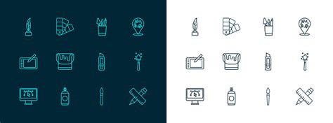 라인 페인트 스프레이 캔 문구 칼 브러시 양동이 필통 문구 깃털 및 잉크 병 색상 팔레트 가이드 아이콘을 설정합니다 벡터