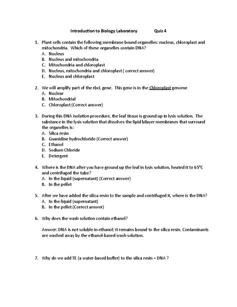 Intro To Bio Lab Quiz 4 Introduction To Biology Laboratory Quiz 4 Plant Cells Contain The