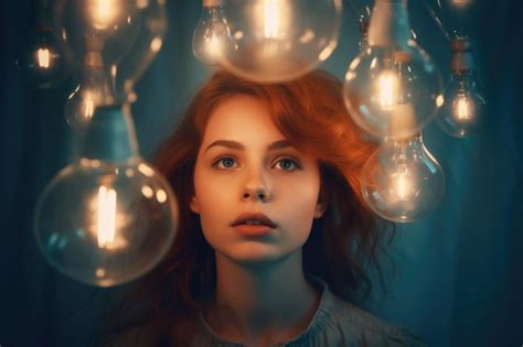 Premium Photo Bright Light Bulb Float Above Of Young Scandinavian Womans Head Generative Ai Aig32