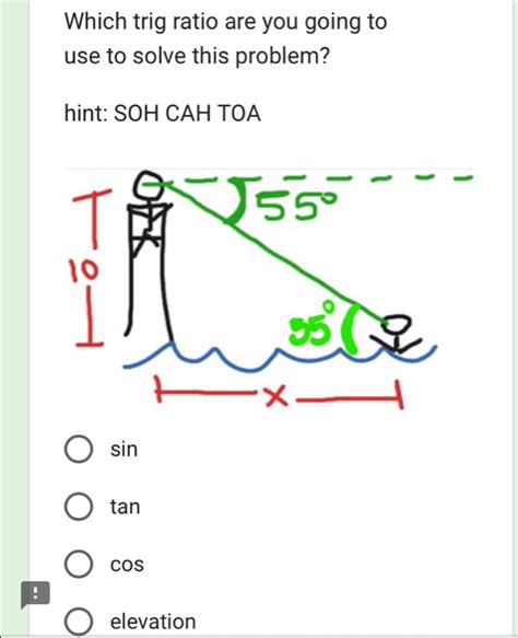 Which Trig Ratio Are You Going To Use To Solve This Problem Hint Soh Cah Toa Sin Tan Cos [others]