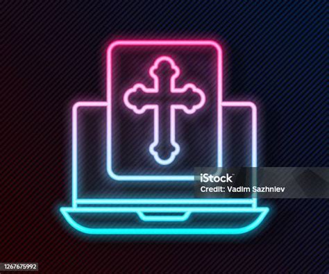 검은 색 배경에 고립 된 노트북 화면 아이콘에 빛나는 네온 라인 십자가 벡터 일러스트레이션 0명에 대한 스톡 벡터 아트 및 기타 이미지 Istock