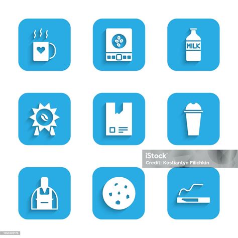 커피 원두 쿠키 또는 비스킷 담배 밀크 쉐이크 바리스타 메달 우유와 커피 컵과 심장 아이콘이있는 병의 가방을 설정합니다 벡터 1위에 대한 스톡 벡터 아트 및 기타 이미지