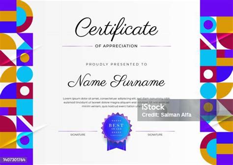 현대 우아한 다채로운 디플로마 인증서 템플릿 고급 배지와 현대적인 라인 패턴이있는 업적 테두리 템플릿 인증서 수상 비즈니스 및 교육 요구 사항 감탄에 대한 스톡 벡터 아트