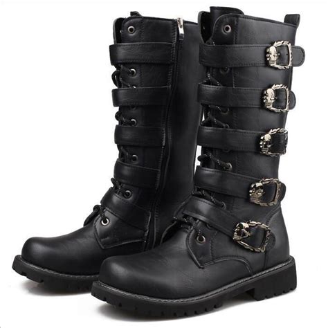 New Arrival Designer Men Long Boot Black Round Toe Lace Up Buckle Strap