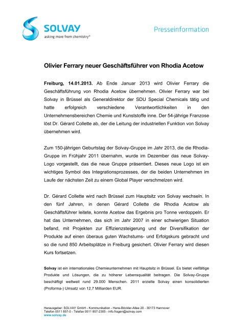 Olivier Ferrary Neuer Geschäftsführer Von Rhodia Acetow Solvay In