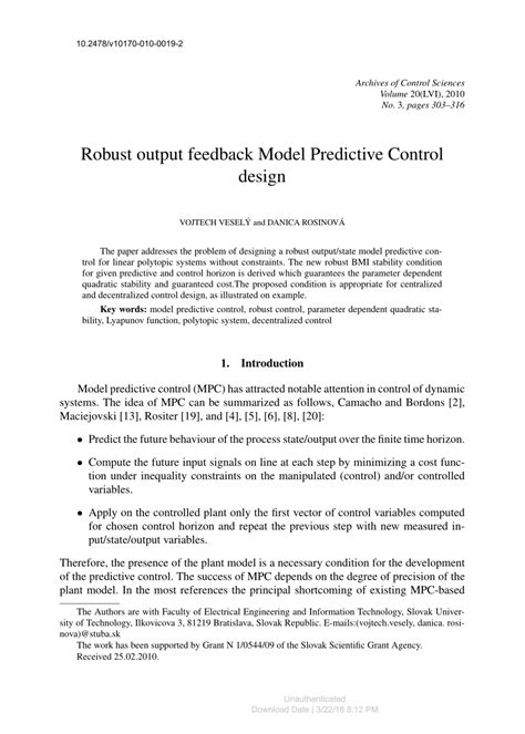 Pdf Robust Output Feedback Model Predictive Control Design
