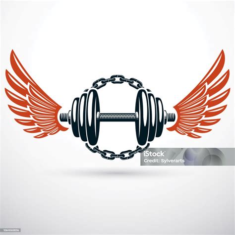 아령 및 날개 그림을 벡터 철 사슬에 의해 포위 합니다 피트 니스 운동 그리고 스포츠 장비를 해제 전원입니다