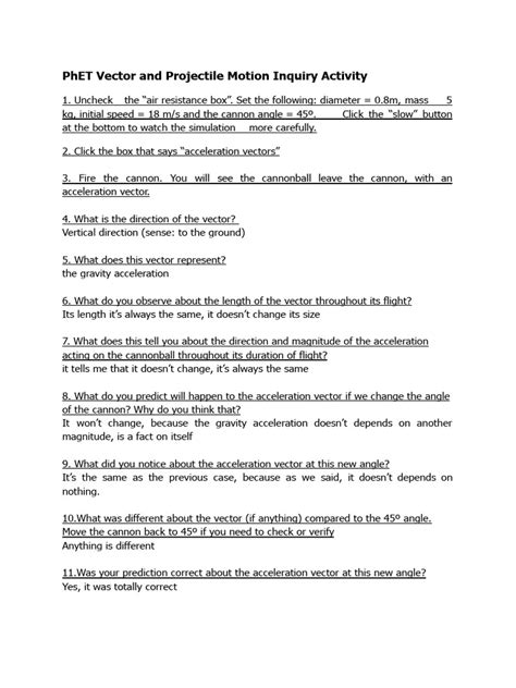 Phet Vector And Projectile Motion Inquiry Activity Pdf Acceleration