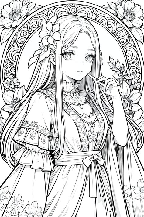 긴 머리를 하고 손에 꽃을 들고 있는 여자의 그림 Seaart Ai