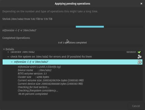i m trying to resize an ntfs partition but both gparted and gnome disk