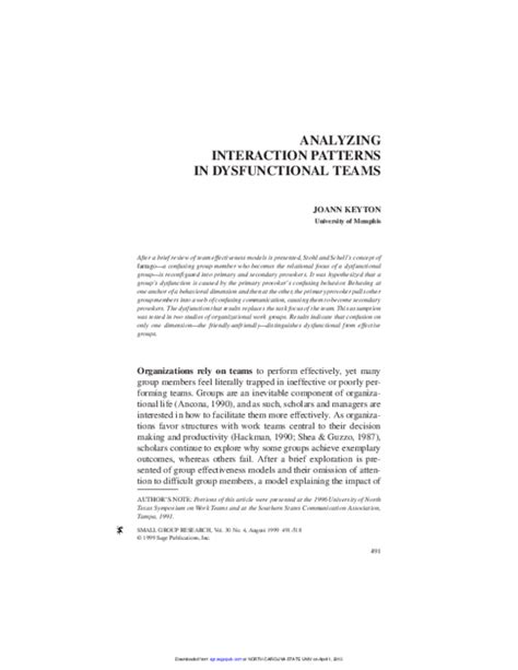 Pdf Analyzing Interaction Patterns In Dysfunctional Teams