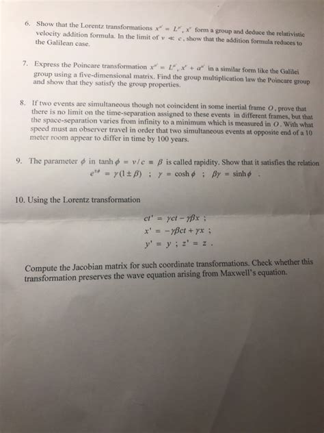 Solved 6 Show That The Lorentz Transformations Xr Lav S