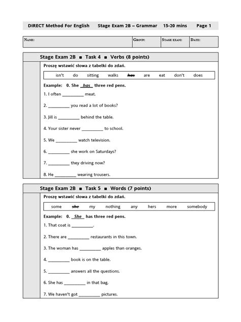 Stage Exam 2b Grammar Pdf English Language Language Families