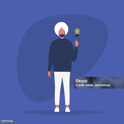 아이디어 개념입니다 문제 해결 아 하 모멘트 젊은 인도 문자 가리키는 손가락으로 전구 평면 편집 가능한 벡터 일러스트 레이 션 클립 아트 전구에 대한 스톡 벡터 아트 및