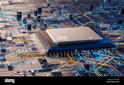 Closeup View Of A Modern Micro Chip CPU GPU Card With Circuit And Connections Colorful Lights