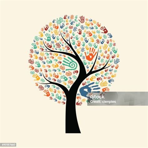 다양한 커뮤니티 도움말을 위한 트리 핸드 일러스트레이션 나무에 대한 스톡 벡터 아트 및 기타 이미지 나무 손자국 개념 Istock