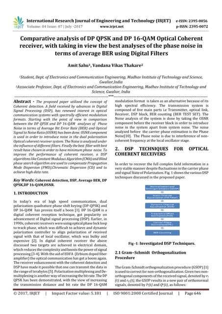 Comparative Analysis Of Dp Qpsk And Dp 16 Qam Optical Coherent Receiver