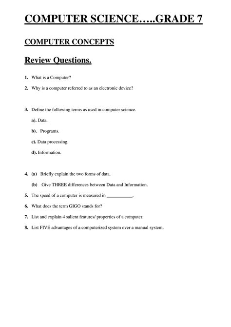 Computer Science QUIZ COMPUTER CONCEPTS Review Questions What Is A Computer Why Is A