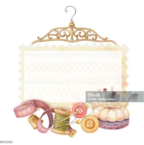 직사각형 패브릭 샘플과 재단 도구가 있는 수채화 재봉틀 옷걸이와 함께 손으로 그린 빈티지 꽃 템플릿입니다 테일러 로고와 로맨틱한 카드 및 초대장 디자인에 적합합니다 0명에