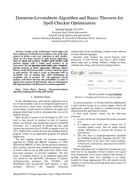 Damerau Levenshtein Algorithm And Bayes Theorem For Spell Checker Optimization Pdf Dynamic