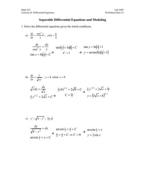 Separable Differential Equations And Modeling 02 4 C C Worksheets Library