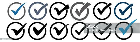 둥근 기호 검은 색 체크 마크 아이콘 세트 벡터 일러스트 레이 션에 체크 마크 체크리스트 버튼 아이콘입니다 승인된 기호 0명에 대한 스톡 벡터 아트 및 기타 이미지 Istock