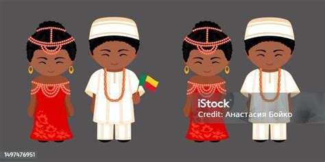 민족 의상을 입은 베냉 사람 베냉 전통 의상을 입은 커플 남자와 여자 만화 캐릭터입니다 격리된 플랫 벡터 그림입니다 가족에 대한