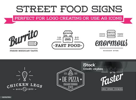아이콘이 있는 벡터 스트리트 푸드 패스트푸드 표지판 세트는 프리미엄 품질의 로고 또는 아이콘으로 사용할 수 있습니다 0명에 대한 스톡 벡터 아트 및 기타 이미지 Istock